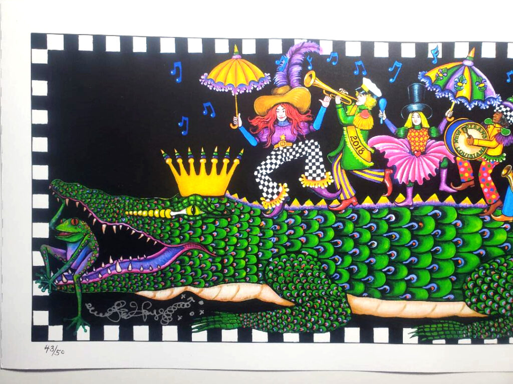 King Gator and his 2nd Line giclee, PLUS Bonus Mardi Gras 5 x7 prints ...